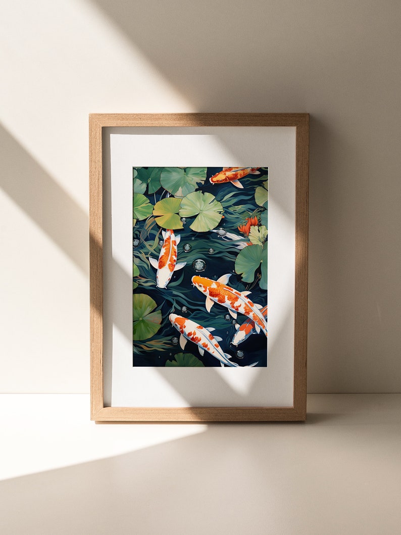 Koi Pond Poster, Asian Fish Decor, Koi Pond Painting, Lily Pad Pond ...