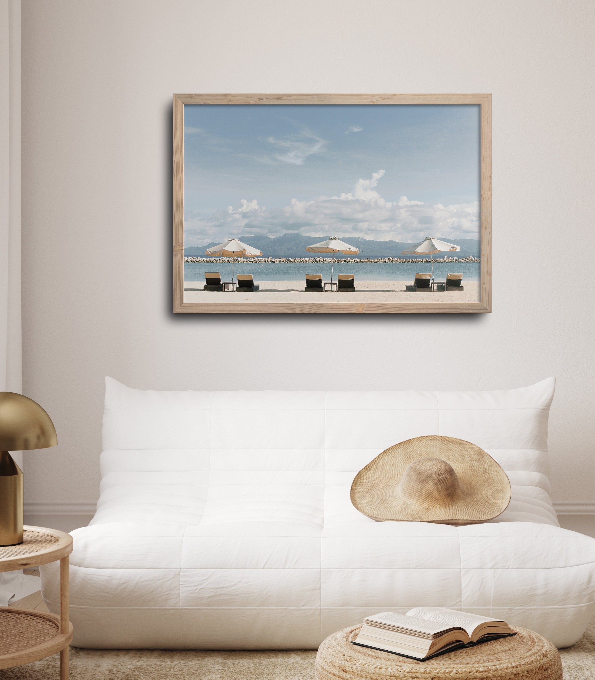 Beach Lounge Print, Blue Beach Wall Art, Coastal Digital Art, Mountain ...