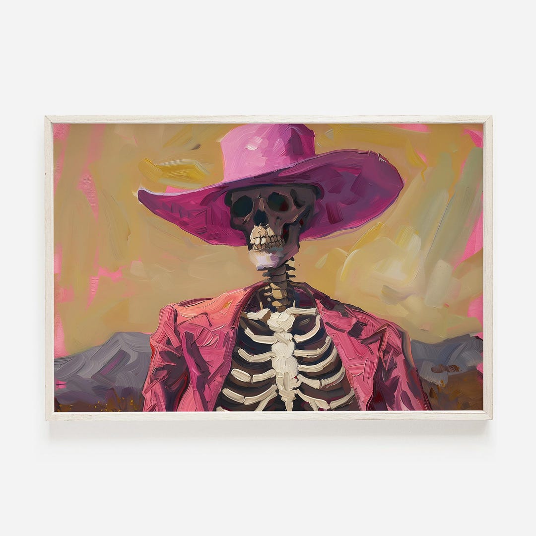 Pink Cowgirl Skeleton Wall Art, Preppy Halloween Vibes, Girly Cowgirl ...