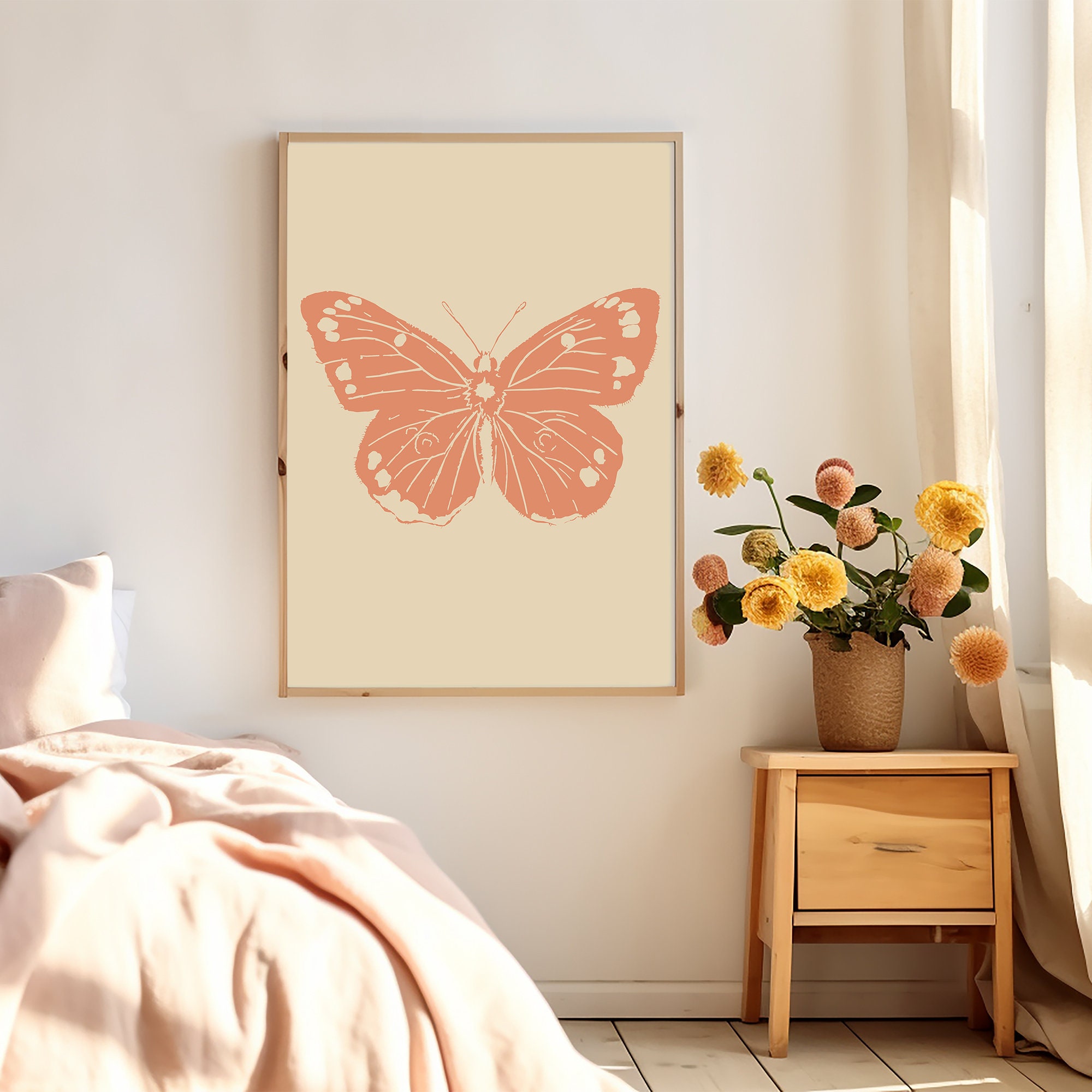 Pink Butterfly Printable, Colorblock Wall Art, Retro 70s Style Art ...