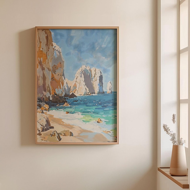 Vintage Cabo Beach Painting, Mexico Summer Vacation Art, Oil Painting ...