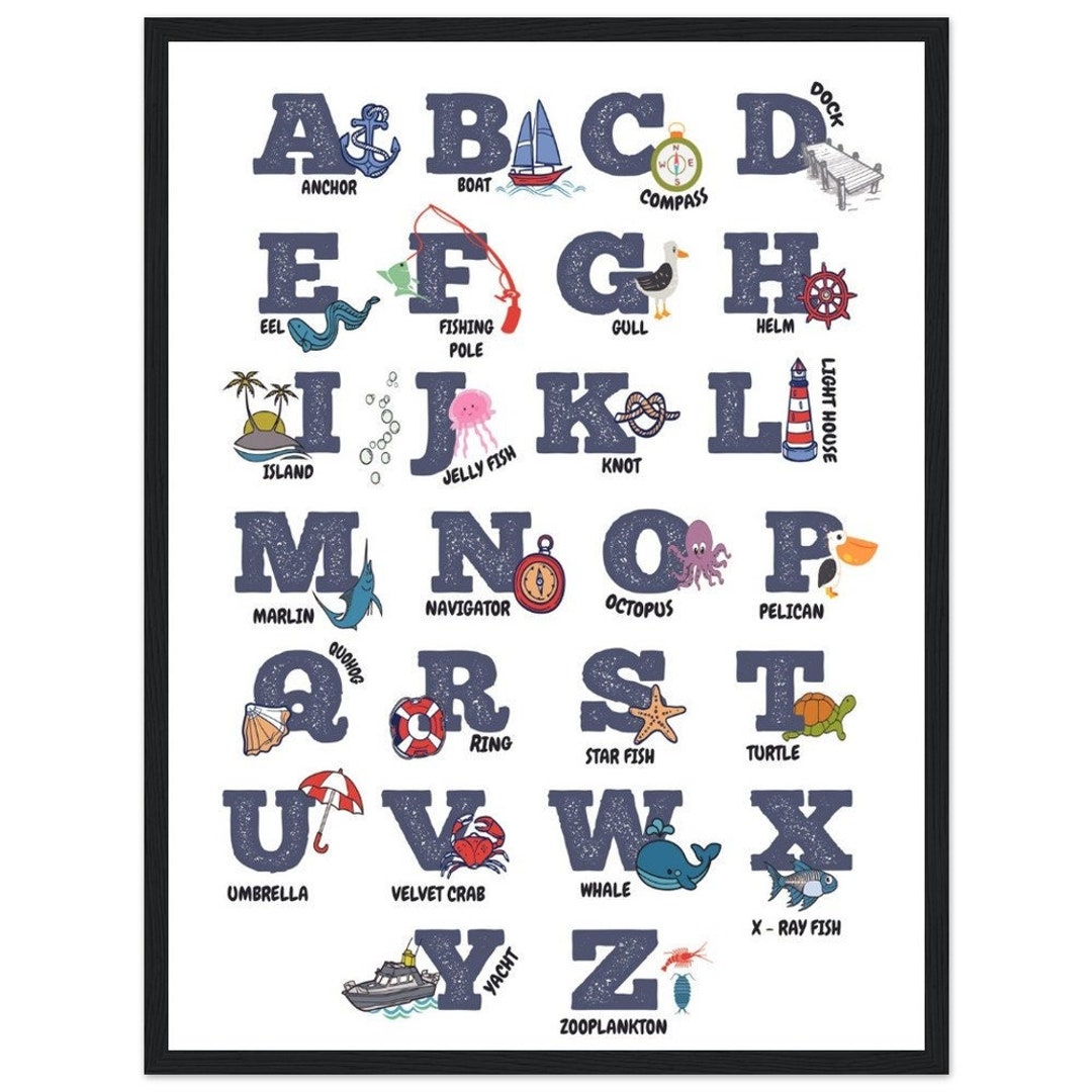 Póster con alfabeto bajo el mar en marco de madera, arte de pared para ...