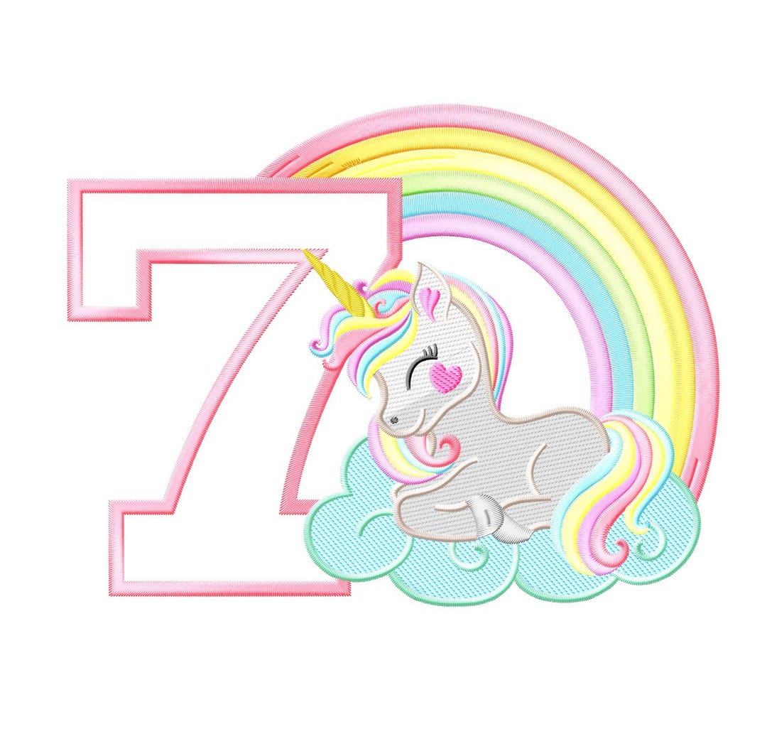 Cute Rainbow Unicorn Embroidery Design With Applique Number 7, Baby ...