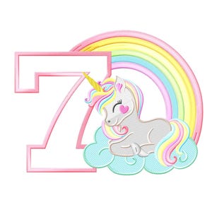 Cute Rainbow Unicorn Embroidery Design With Applique Number 7, Baby ...