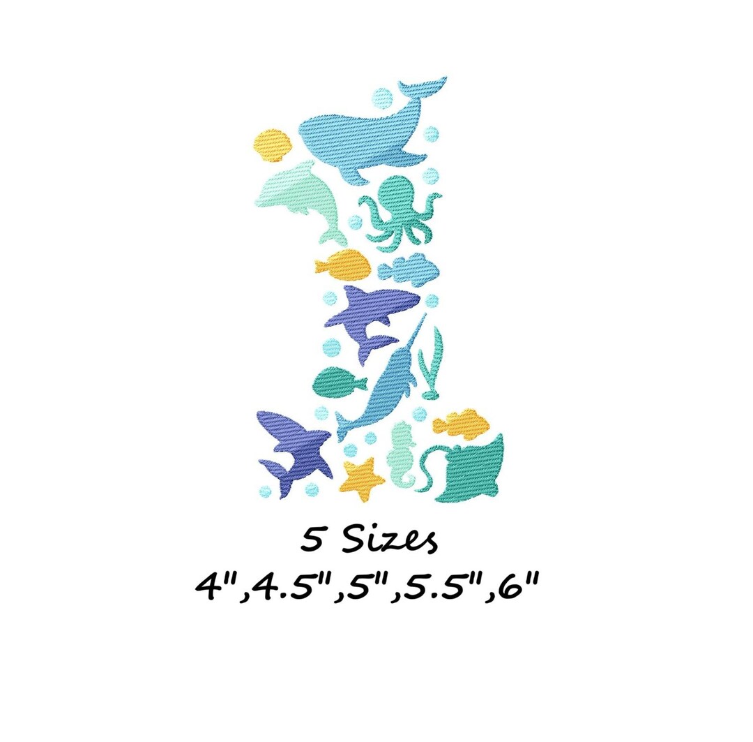 Under the Sea Number 1 Embroidery Design, Ocean Animals Birthday Number ...