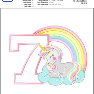 Cute Rainbow Unicorn Embroidery Design With Applique Number 7, Baby ...