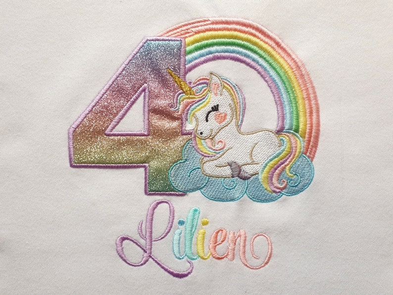 Cute Rainbow Unicorn Embroidery Design With Applique Number 4, Baby ...