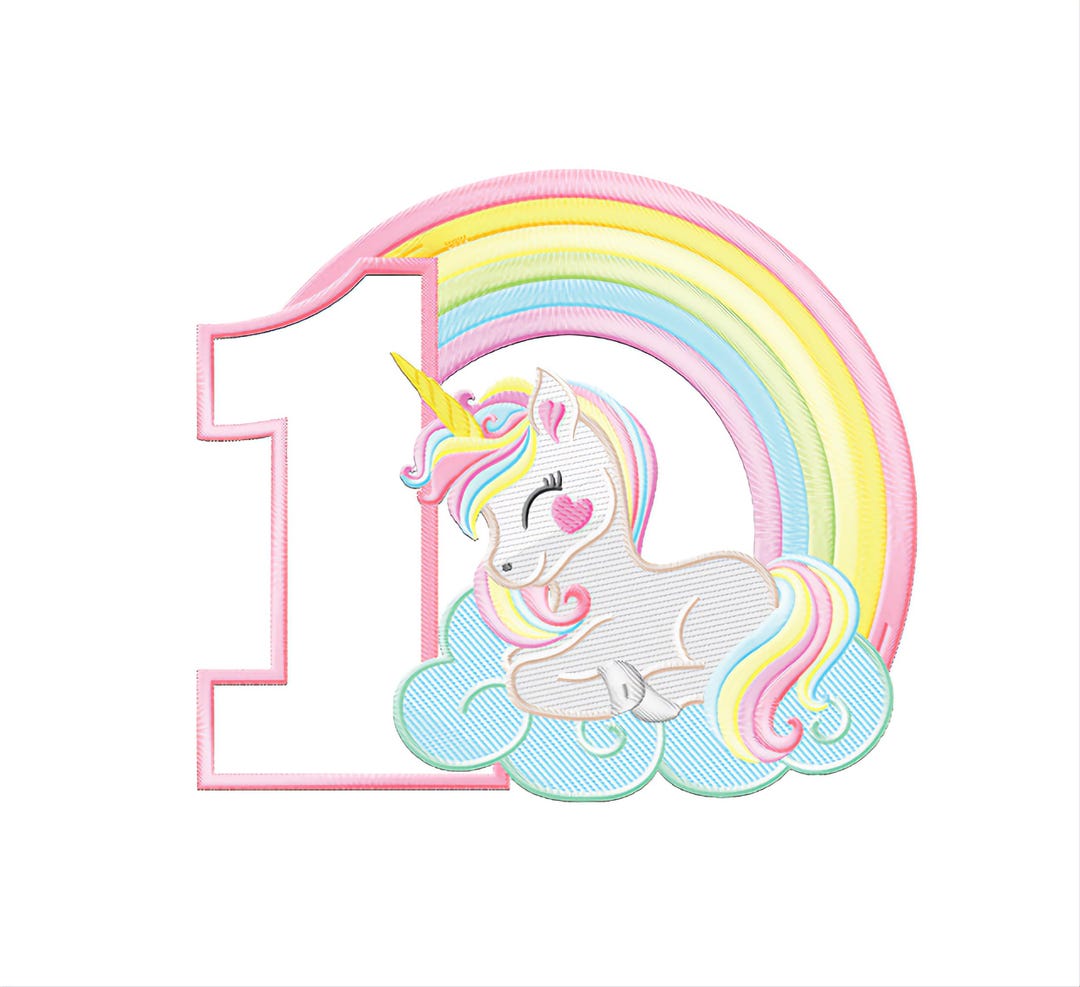 Cute Rainbow Unicorn Embroidery Design With Applique Number 1, Baby ...
