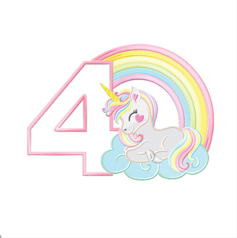 Cute Rainbow Unicorn Embroidery Design With Applique Number 4, Baby ...