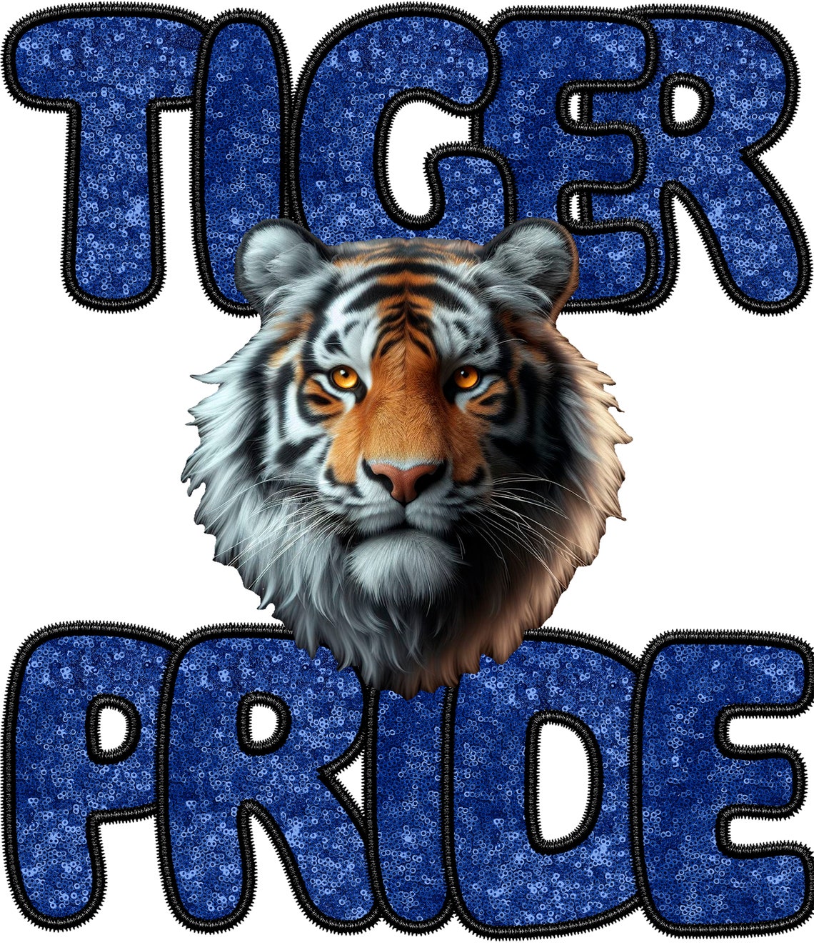 Tiger Mascot Pride, Blue Faux Embroidery- Sequins, High Res, Design ...