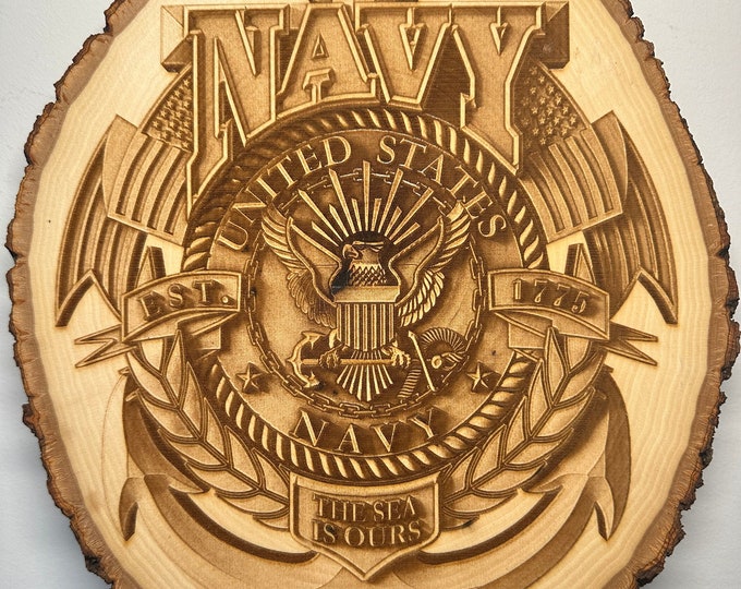 US Navy Emblem Round Laser Engraved Live Edge Basswood Wall Plaque - Etsy