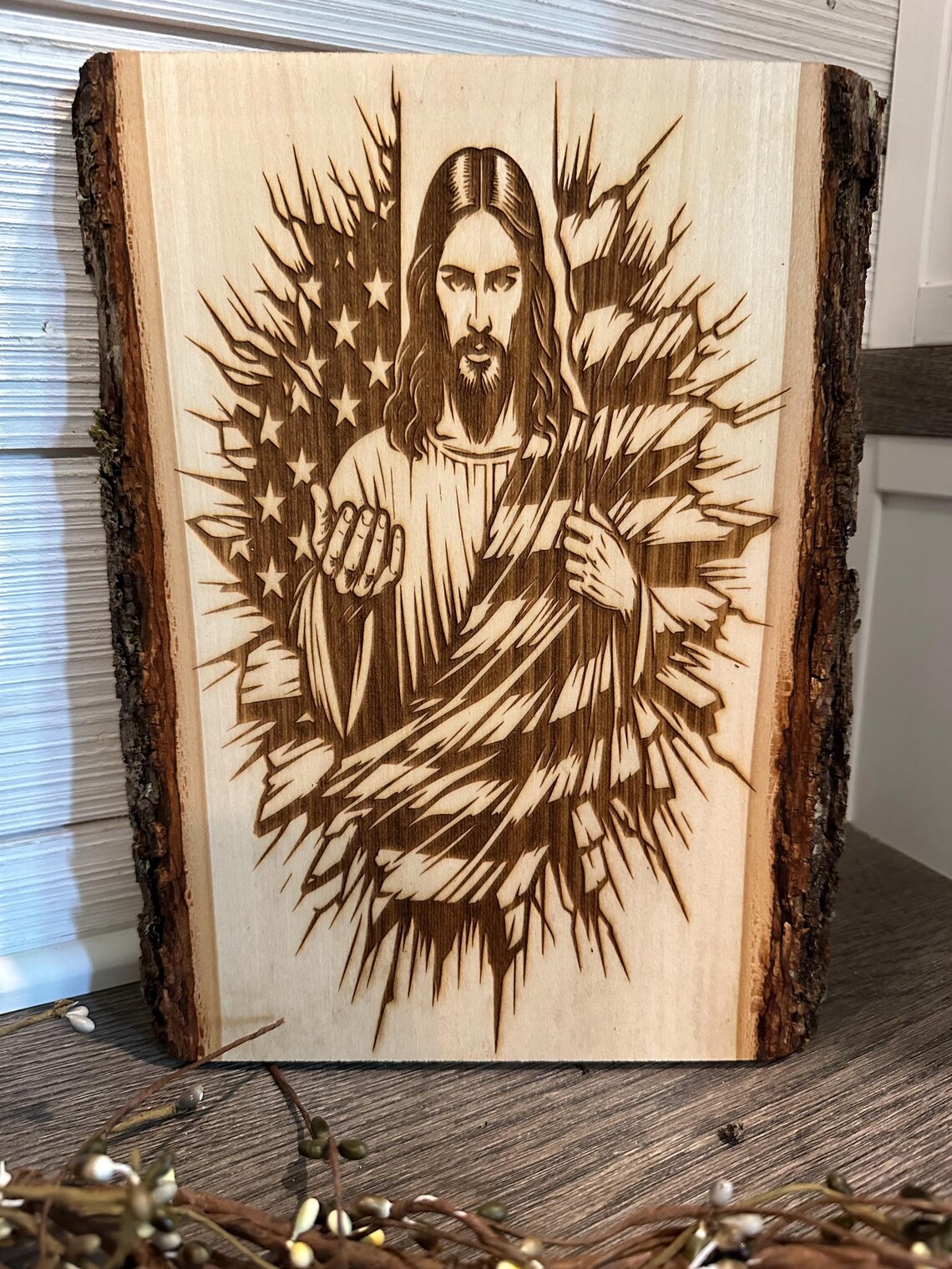 Jesus With American Flag Laser Engraved Live Edge Basswood Wall Plaque ...