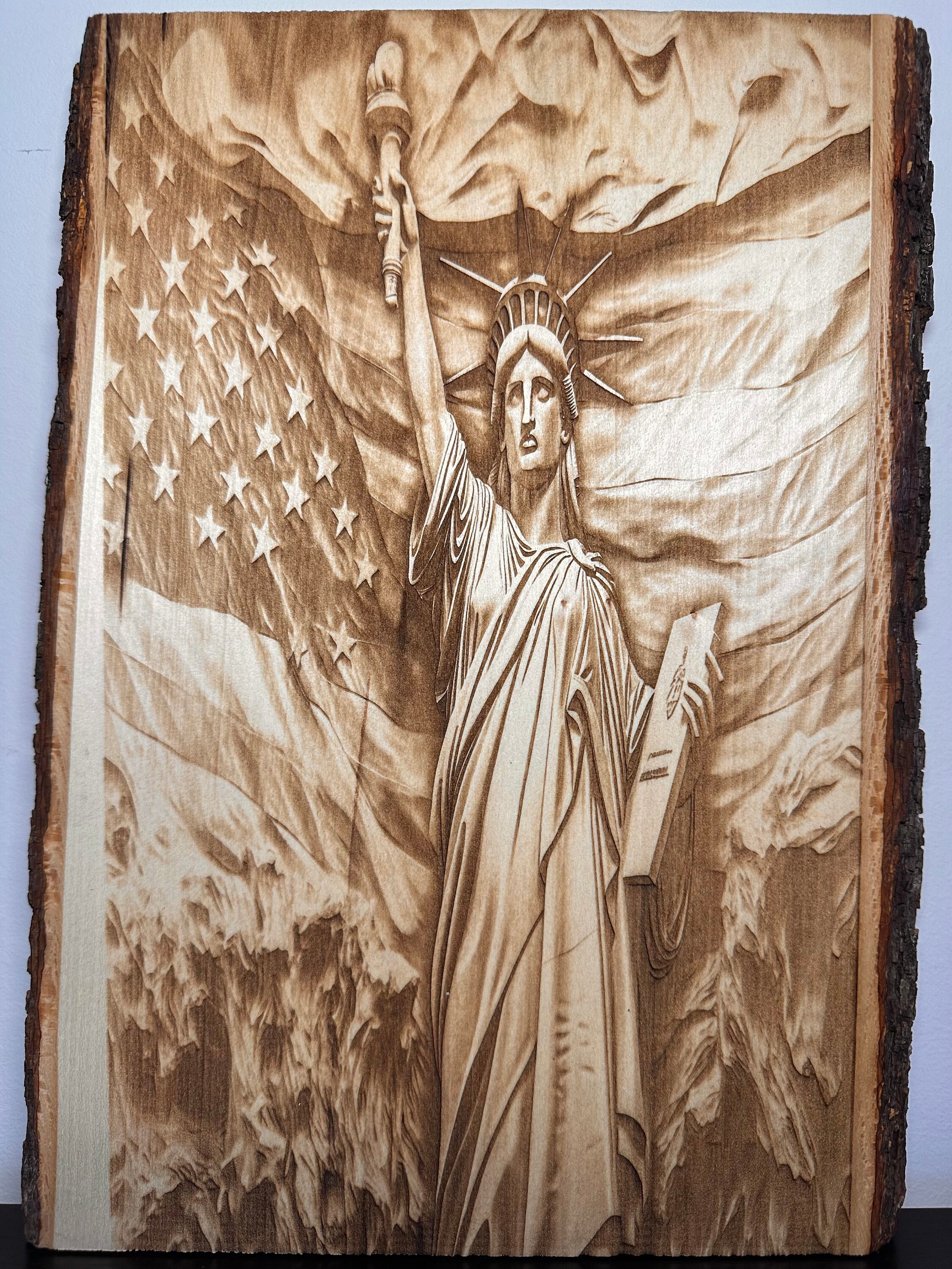 Laser Engraved Statue of Liberty With American Flag on Live Edge ...