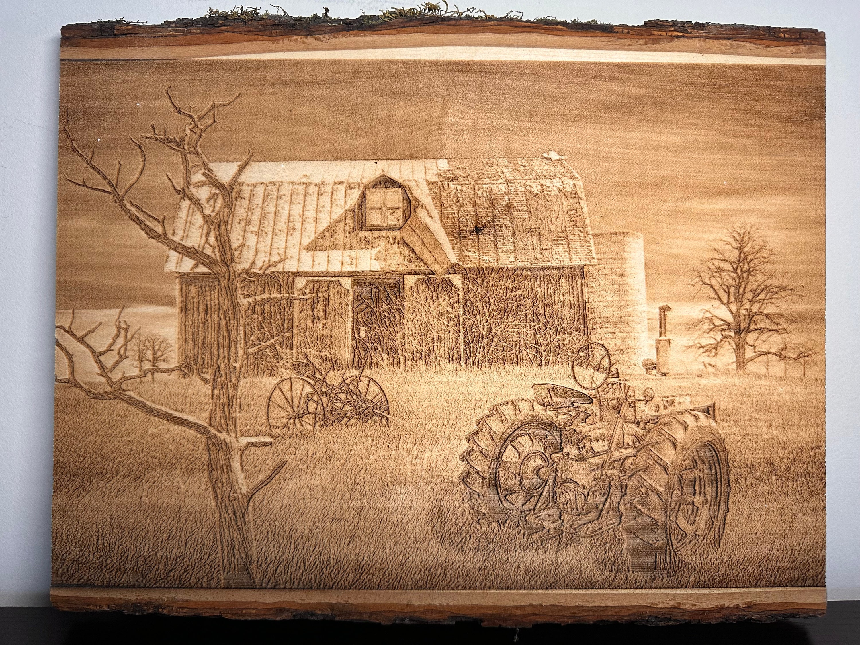 Laser Engraved Barn With Tractor on Live Edge Basswood - Etsy