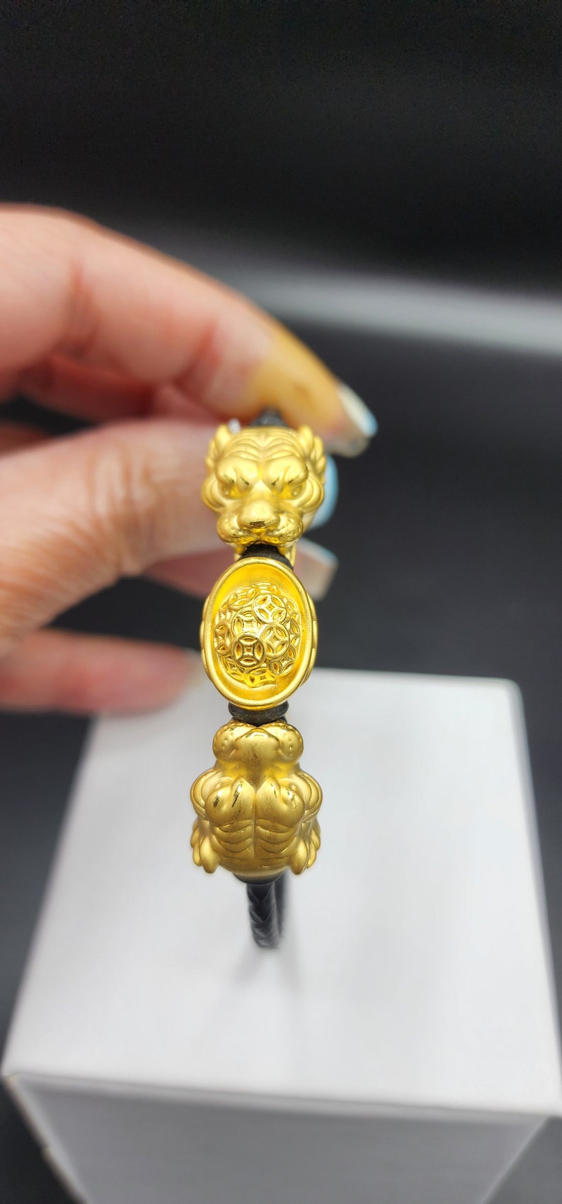 24k Double Tigers Head and Gold Bar on a Black Leather Bracelet - Etsy