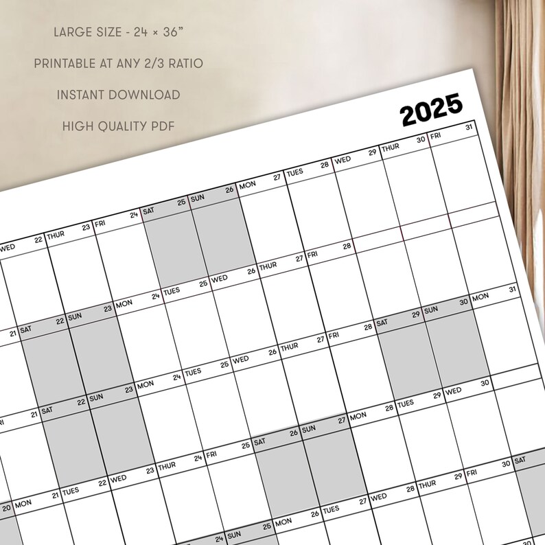 2025! Big Calendar - Giant Wall or Desk 24 X 26" (2/3 Ratio) Black ...