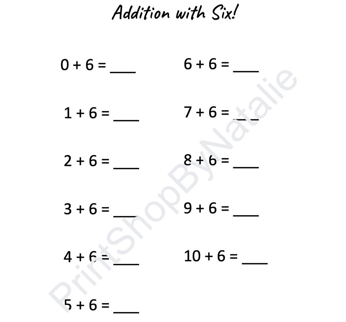 Printable Addition With Six Practice Worksheet - Etsy