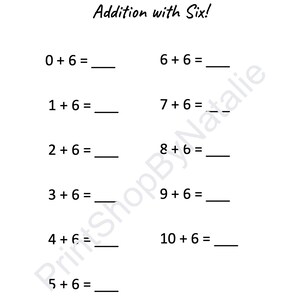 Printable Addition With Six Practice Worksheet - Etsy