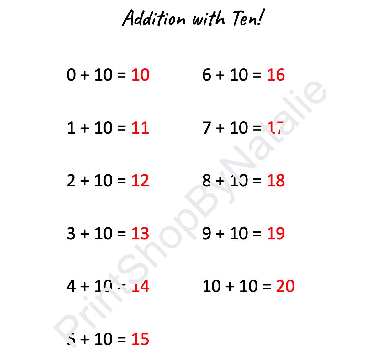 Printable Addition With Ten Practice Worksheet - Etsy