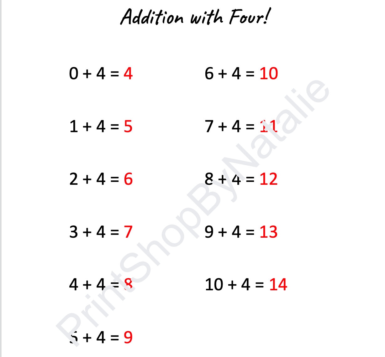 Printable Addition With Four Practice Worksheet - Etsy