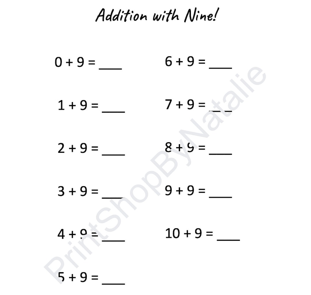 Printable Addition With Nine Practice Worksheet - Etsy