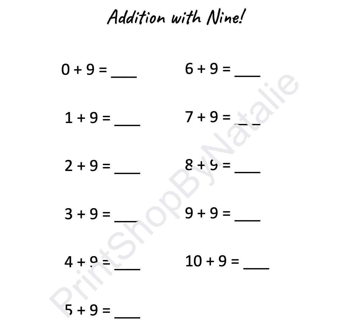 Printable Addition With Nine Practice Worksheet - Etsy