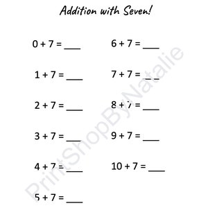 Printable Addition With Seven Practice Worksheet - Etsy