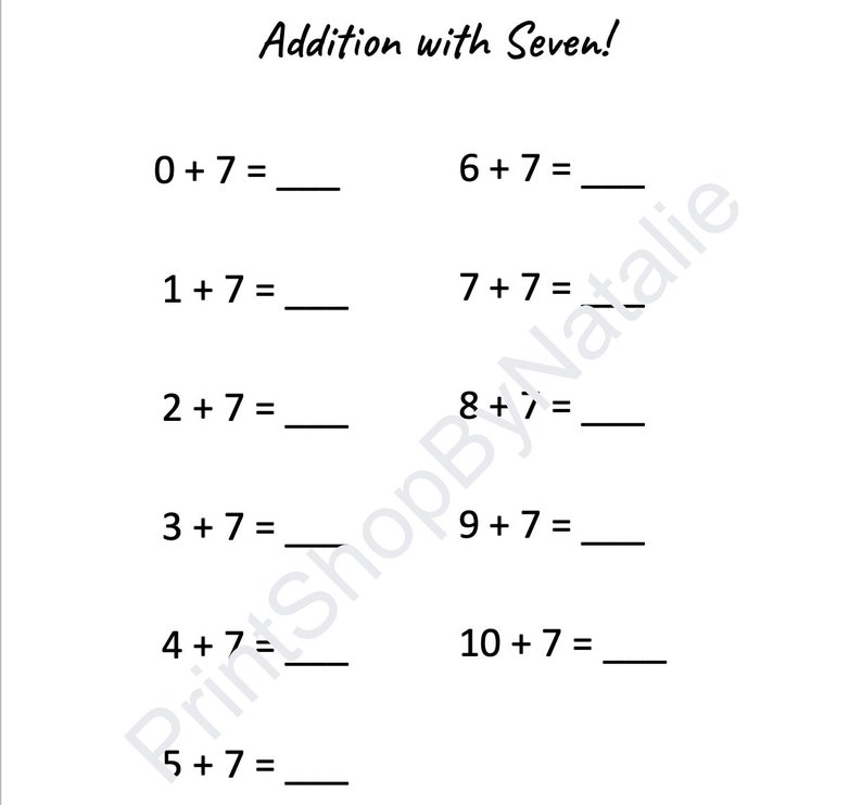 Printable Addition With Seven Practice Worksheet - Etsy