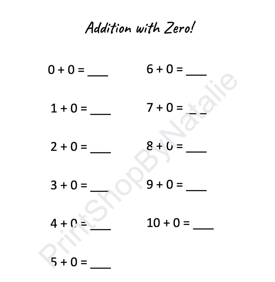 Printable Addition With Zero Practice Sheet - Etsy