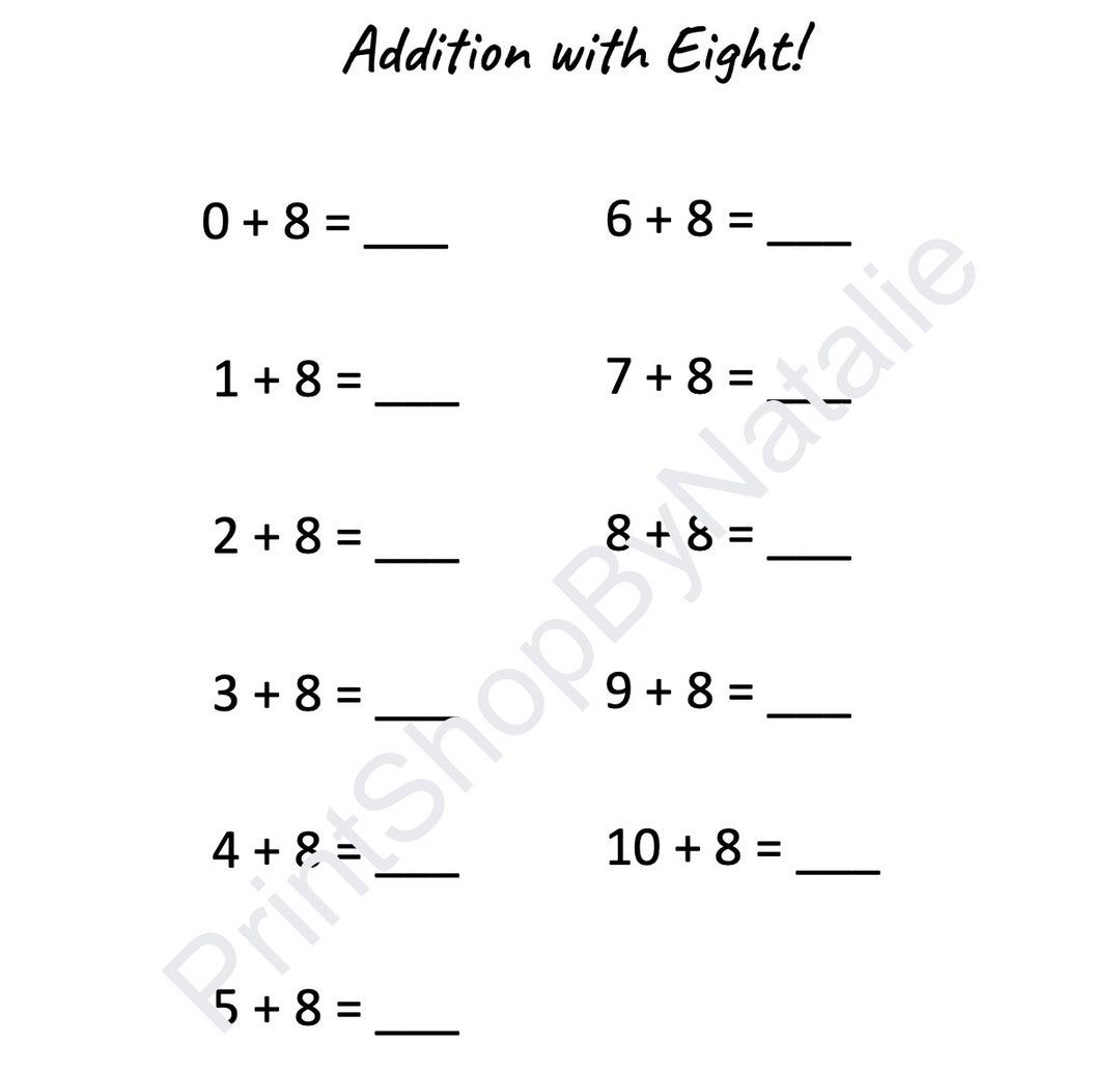 Printable Addition With Eight Practice Worksheet - Etsy