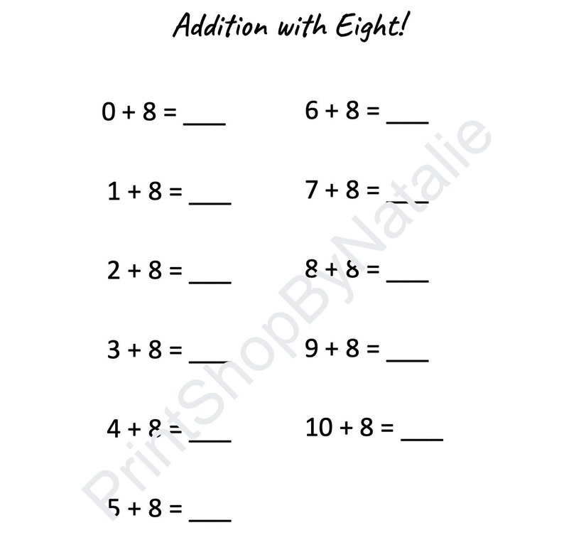 Printable Addition With Eight Practice Worksheet - Etsy