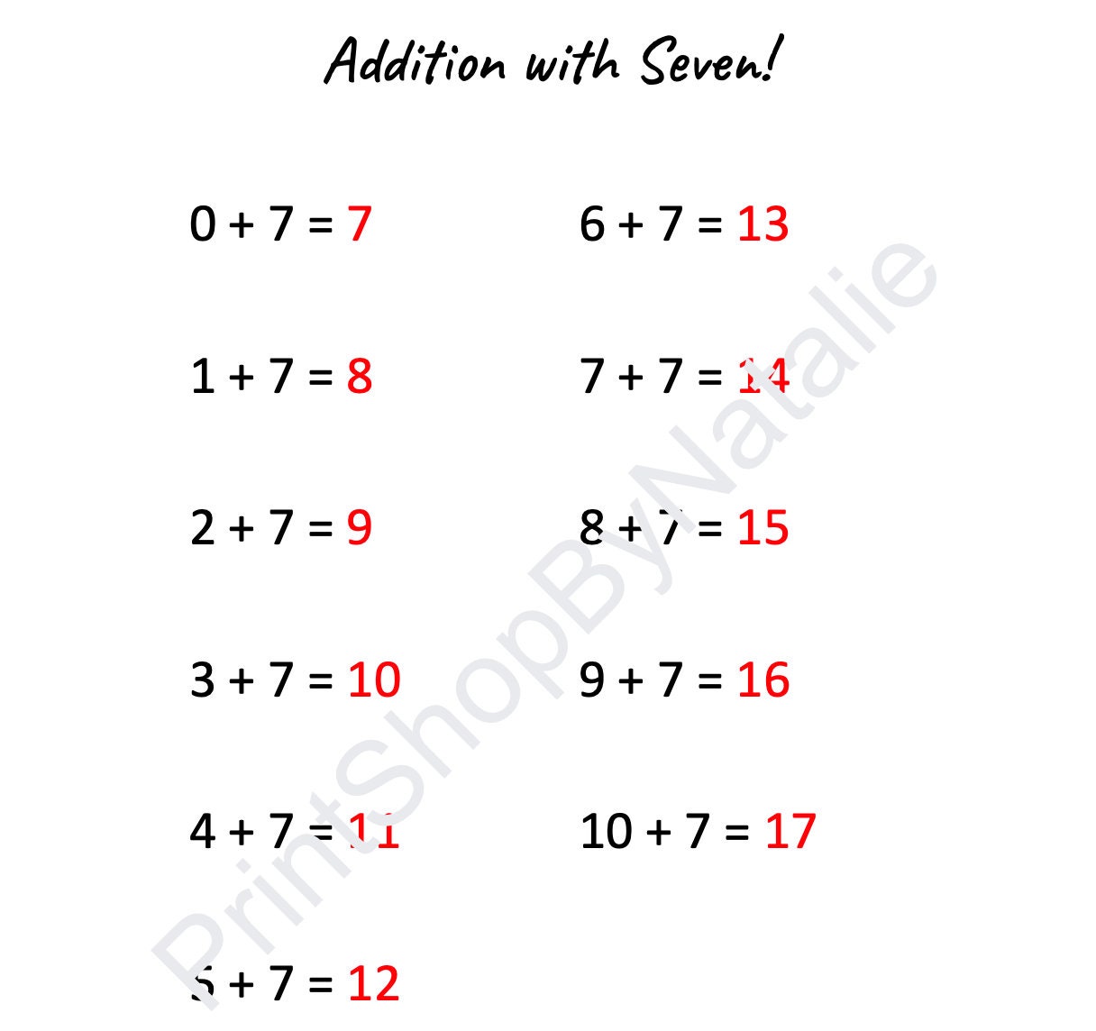 Printable Addition With Seven Practice Worksheet - Etsy