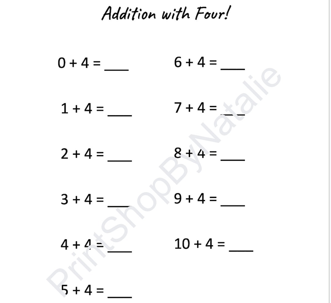 Printable Addition With Four Practice Worksheet - Etsy