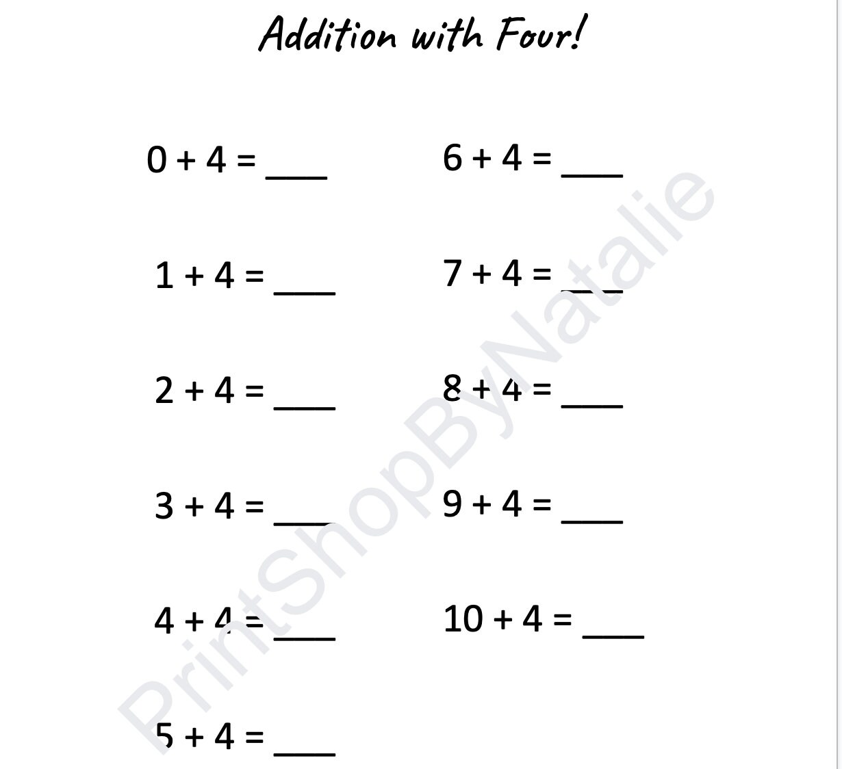 Printable Addition With Four Practice Worksheet - Etsy
