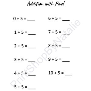 Printable Addition With Five Practice Worksheet - Etsy