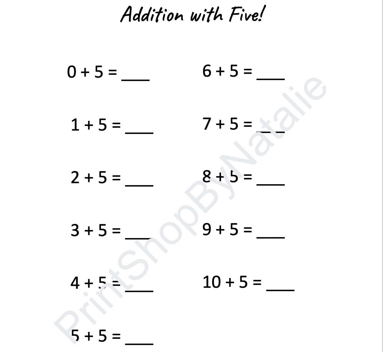 Printable Addition With Five Practice Worksheet - Etsy