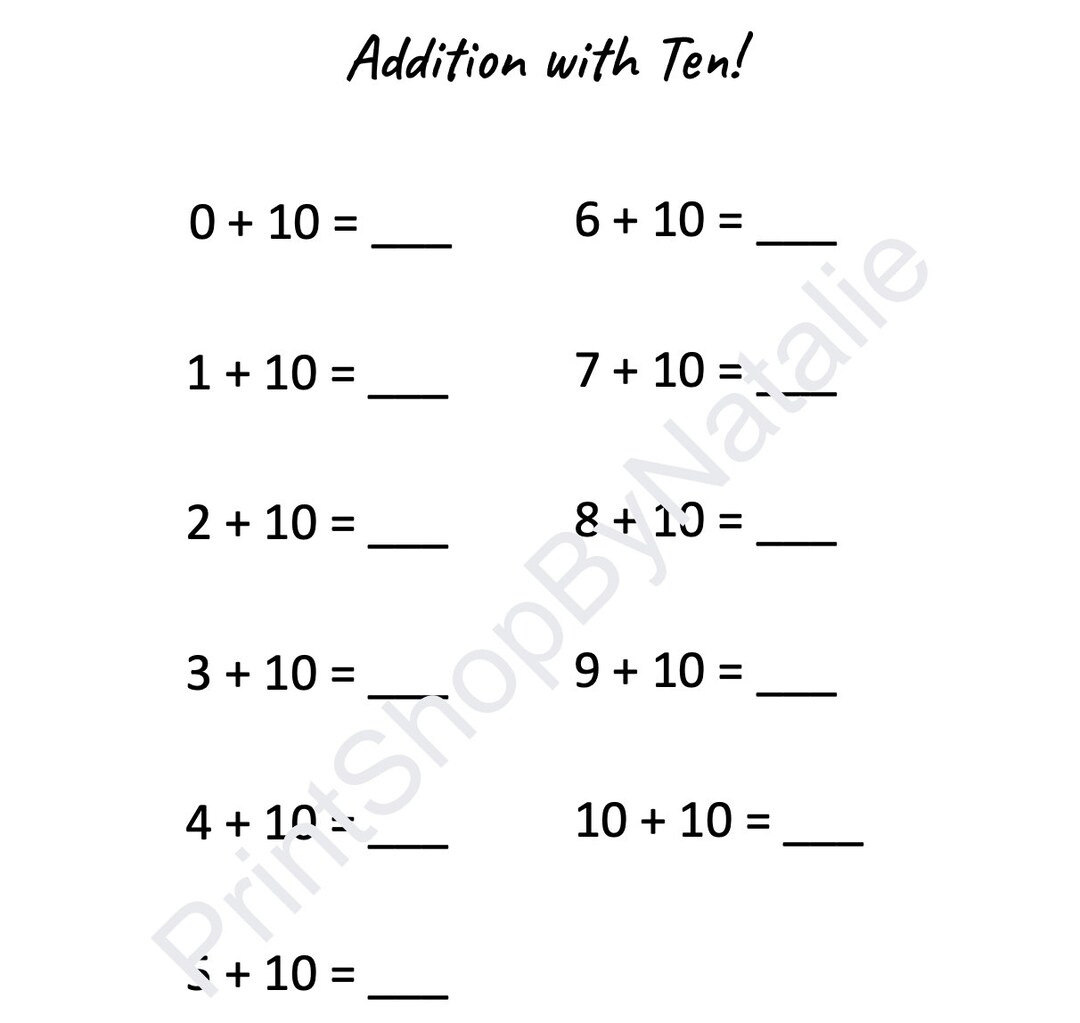 Printable Addition With Ten Practice Worksheet - Etsy