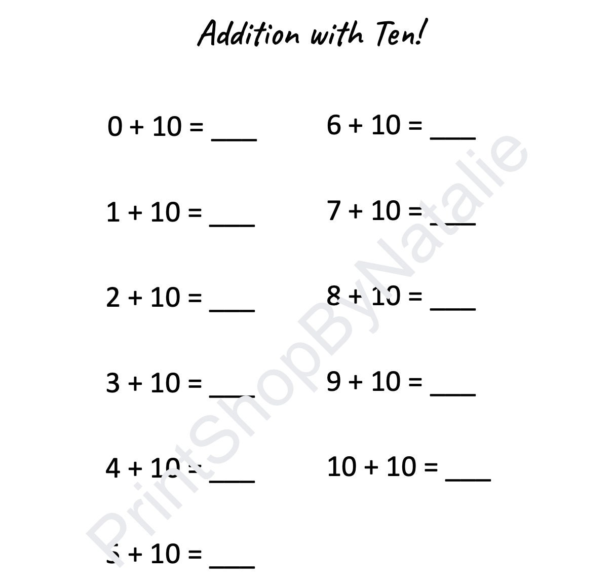 Printable Addition With Ten Practice Worksheet - Etsy