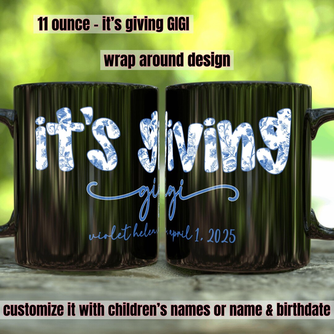 Personalized It's Giving Gigi Black Coffee Cup, Customized Blue Toile ...