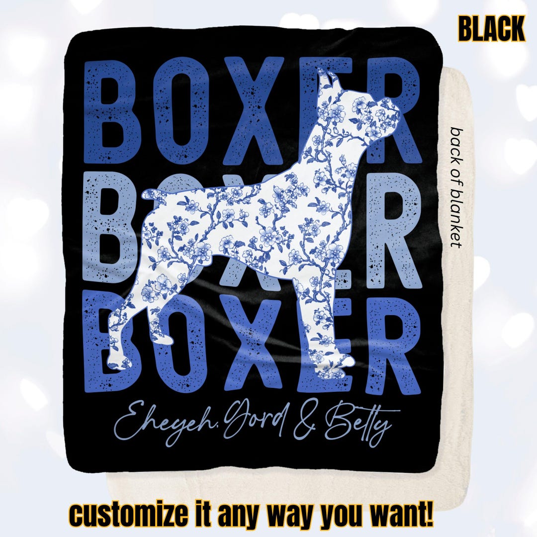 Customizable Boxer Blue Toile Graphic Blanket, Personalized Boxer Dog ...