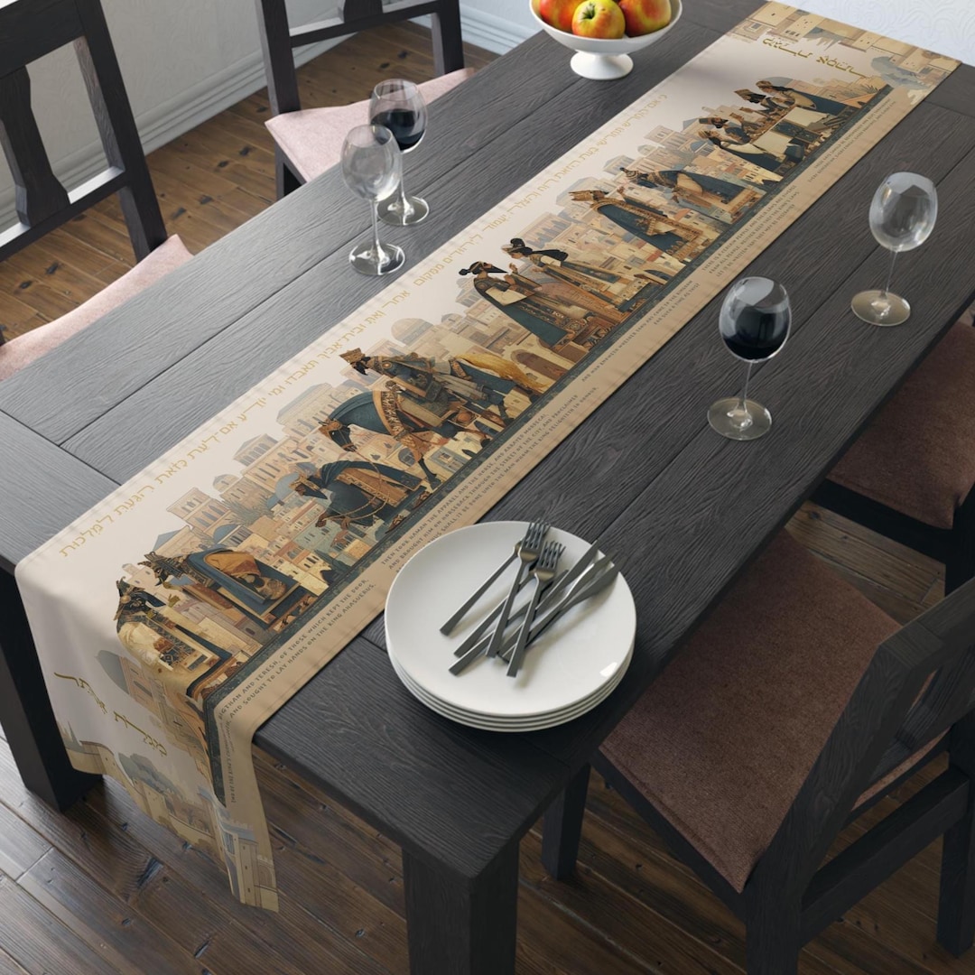 Purim Table Runner, Book of Esther Illustrated Scenes, Judaica Home ...