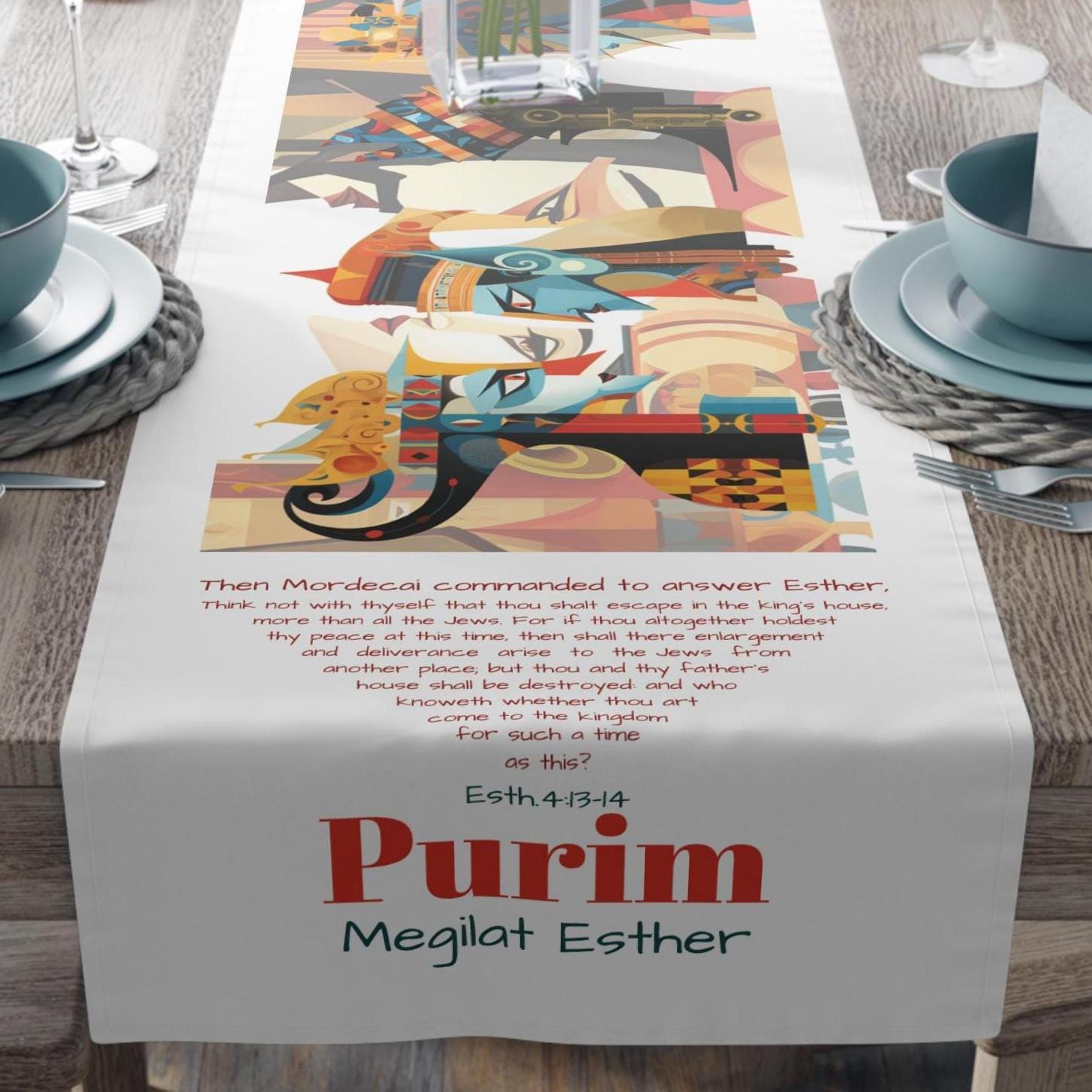 Purim Spiel Table Runner (cotton, Poly), Gift for Jewish Holiday Purim ...