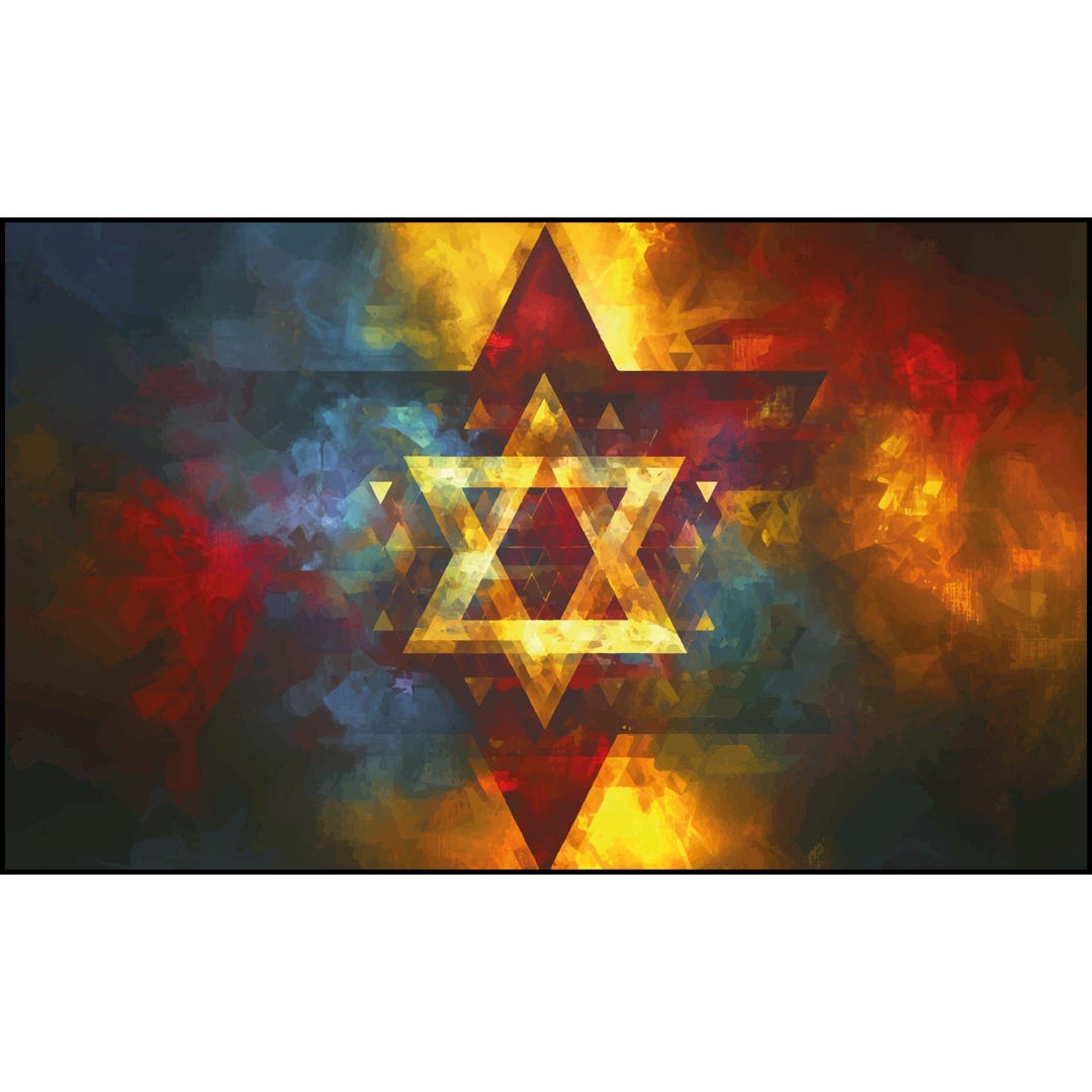 Magen David Polyester Fabric Piece for Sewing, Multicolor Fiery Jewish Star in Modern Abstract ...