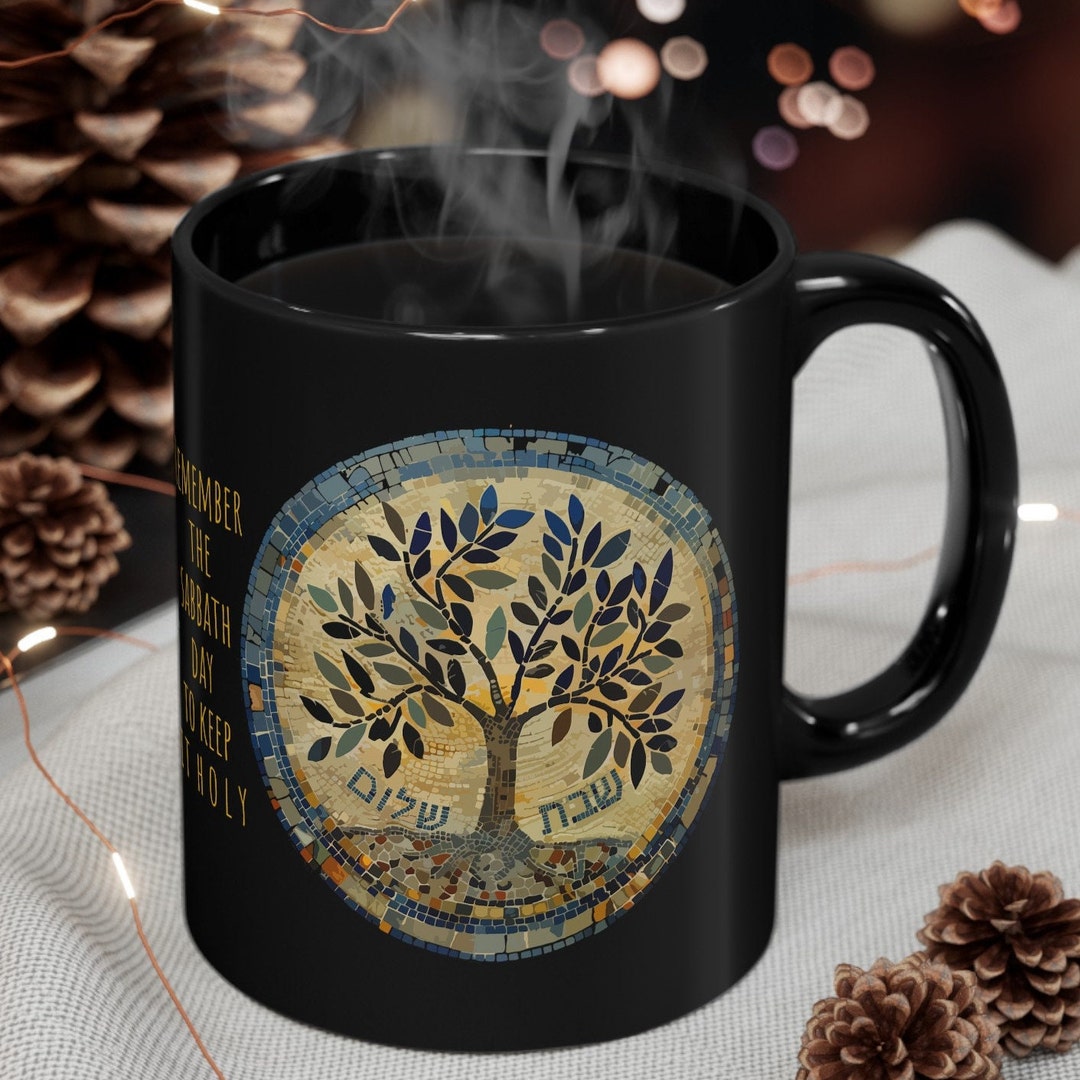 Tree of Life Shabbat Shalom Black Coffee Mug 11oz, Good Sabbath Tea Cup ...