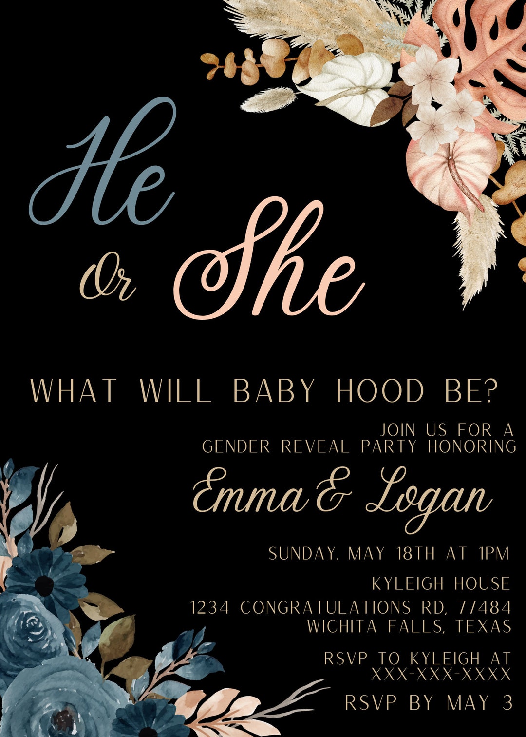 He or She Gender Reveal Invitation - Etsy