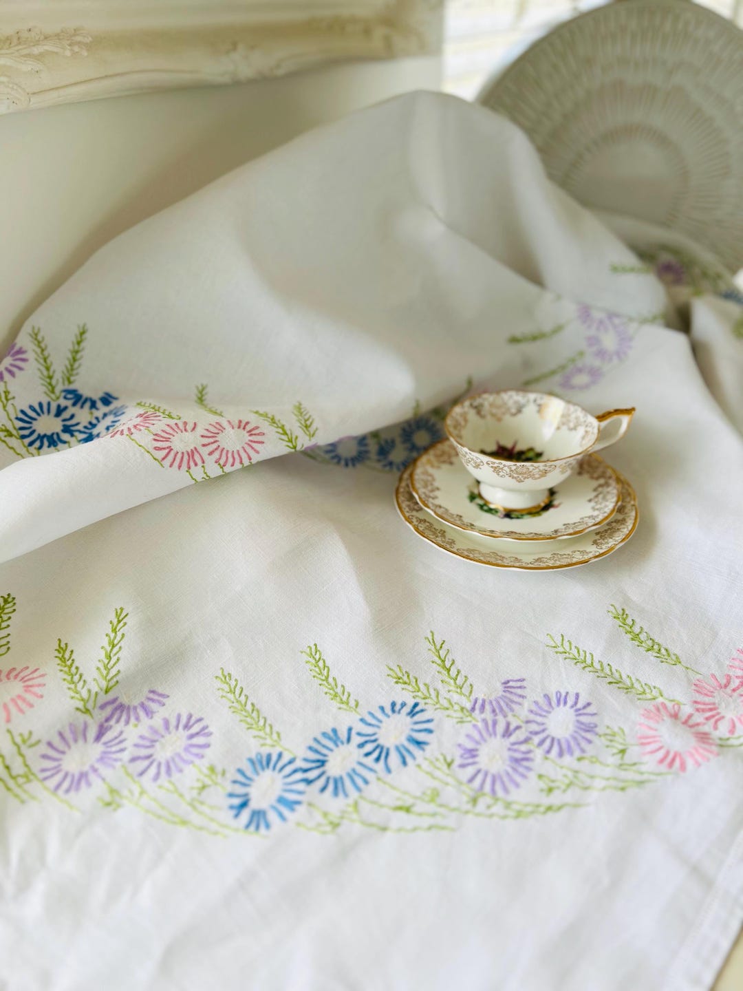 White Heavy Linen Tablecloth 122cm X 122cm. Hand Embroidered, Central ...