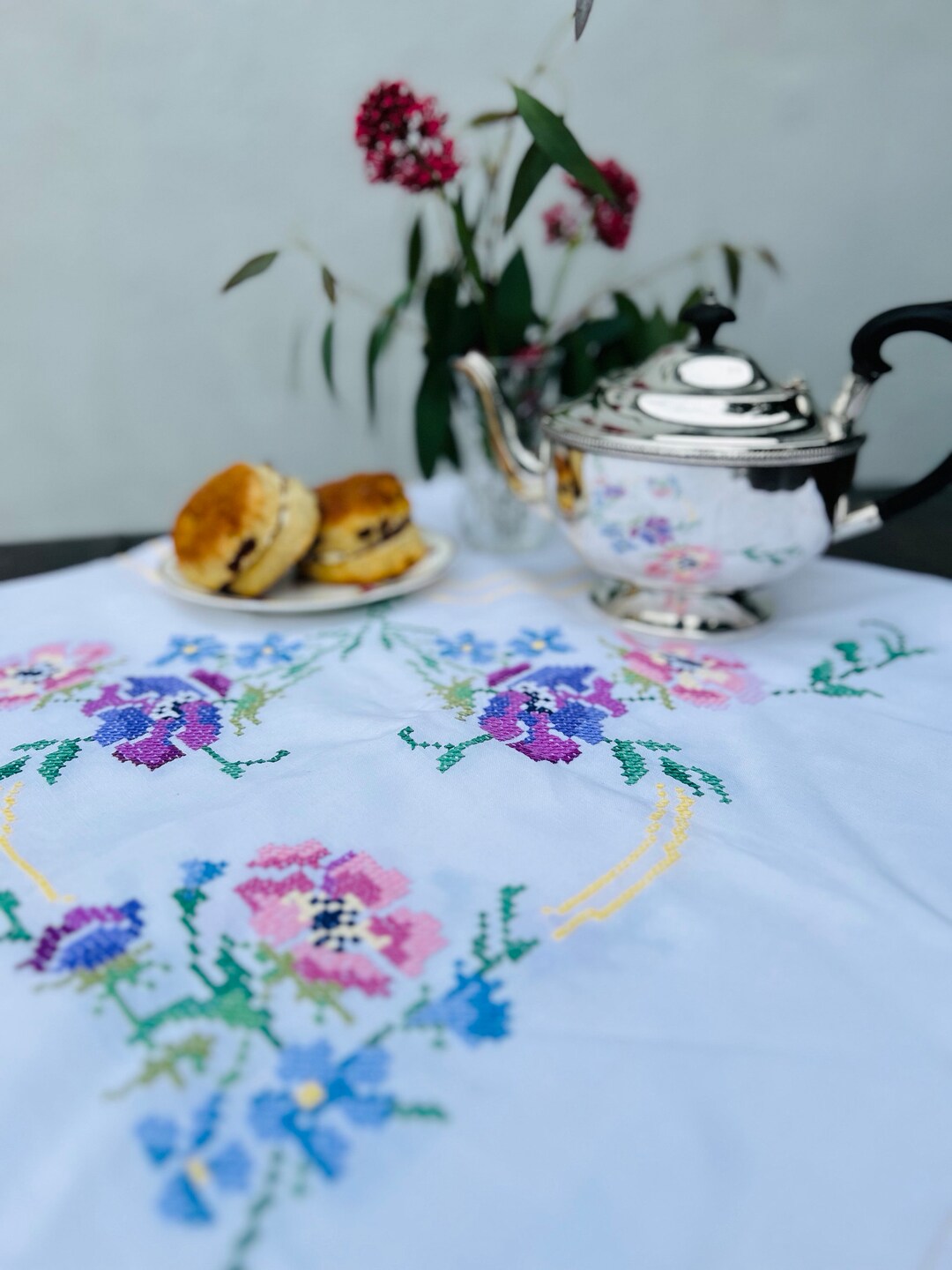 White Heavy Linen Tablecloth 105cm X 108cm . Hand Embroidered, Heavy ...