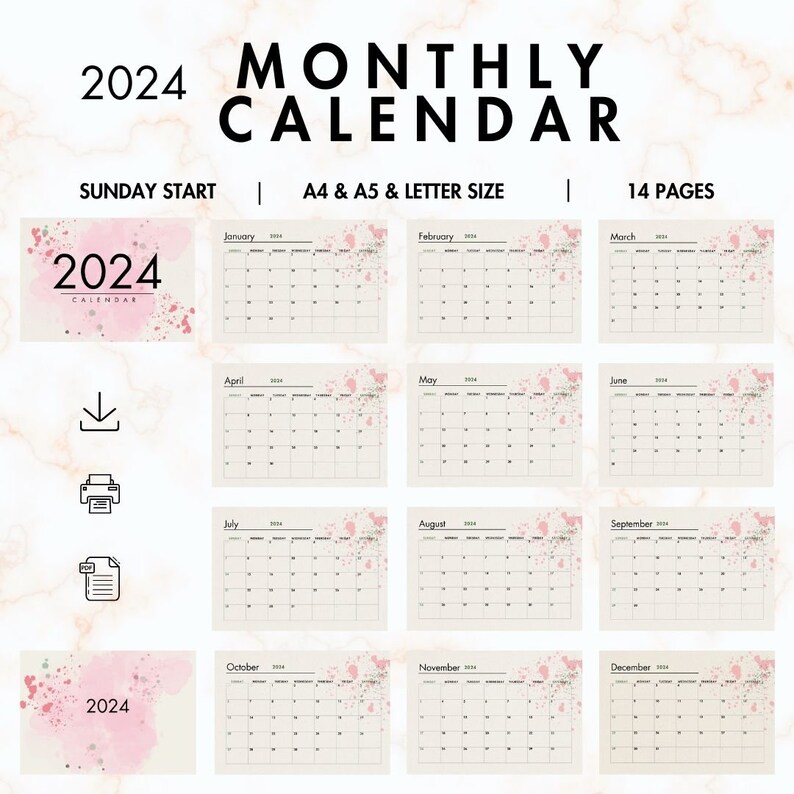 2024 Printable Elegant Monthly Calendar PDF | 2024 Original Monthly ...