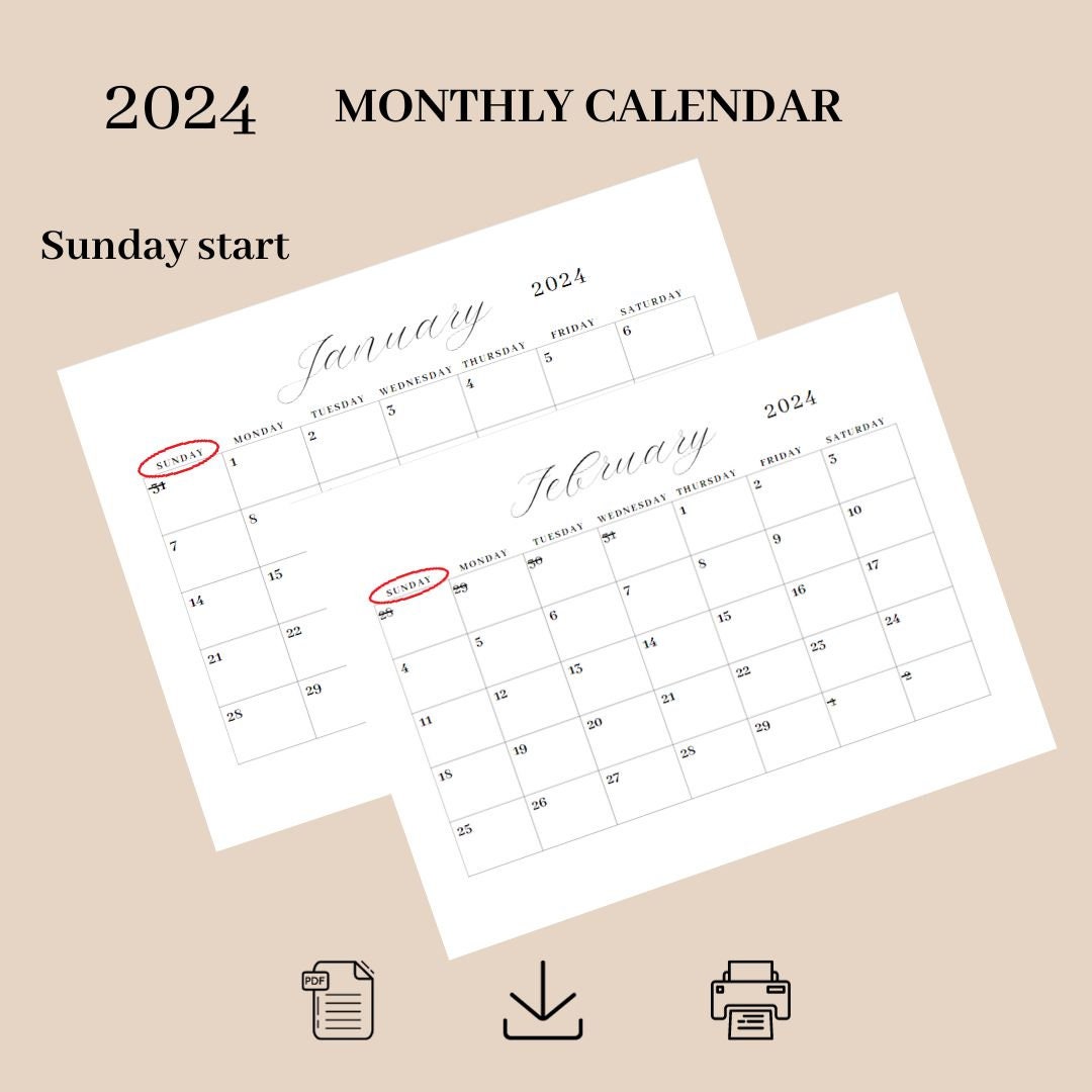 2024 Printable Monthly Calendar PDF 2024 Minimalist Monthly Planner ...
