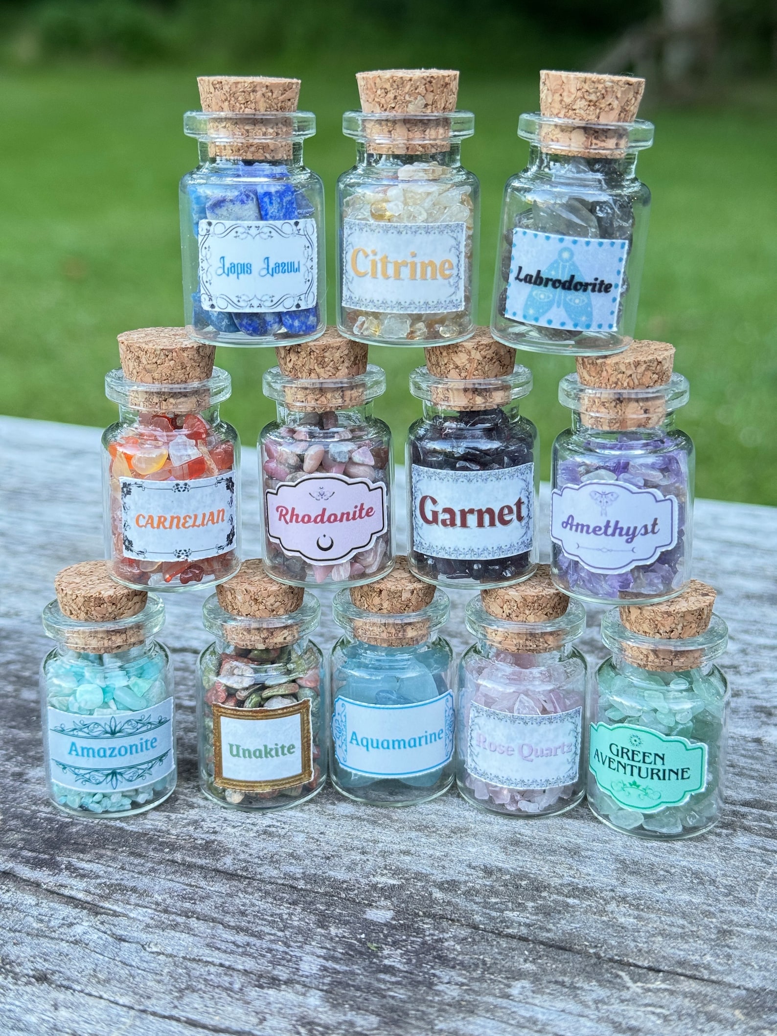 Set of 12 Crystal Mini Glass Bottles: Citrine, Amethyst, Garnet, Lapis ...